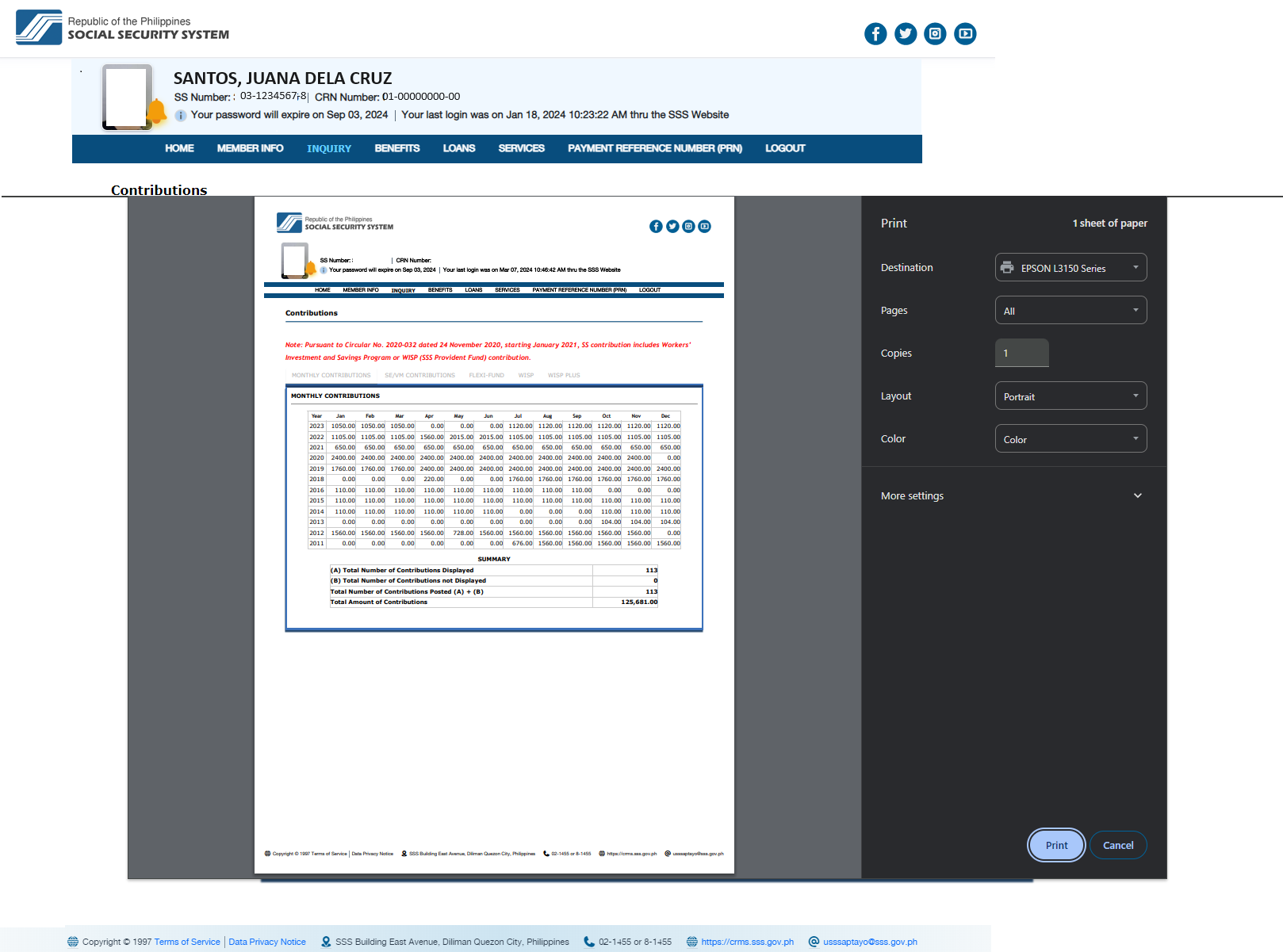 How to Print your SSS Contributions from SSS Website -2024 - SSS Inquiries